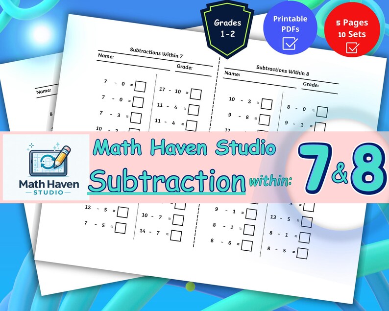 Subtraction Within 7 & 8 Worksheets | Grade 1-2 Printable Math PDF - Etsy