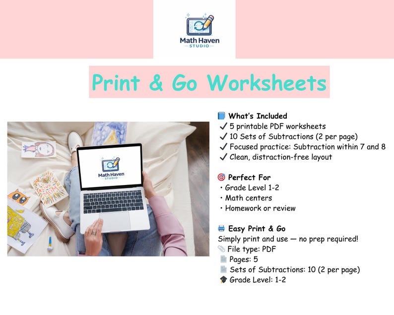 Subtraction Within 7 & 8 Worksheets | Grade 1-2 Printable Math PDF - Etsy