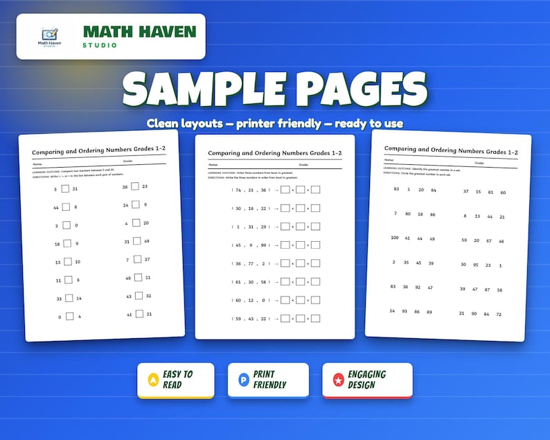 Grade 1-2 Math Worksheets: Comparing and Ordering Numbers (10 Pages) - Etsy