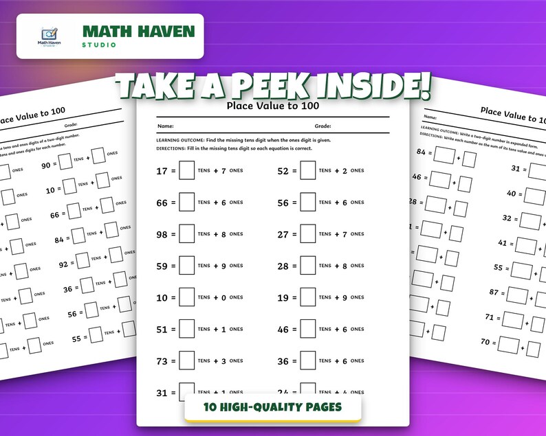 Place Value to 100 Worksheets | Tens and Ones Practice | Grade 2-3 Math ...