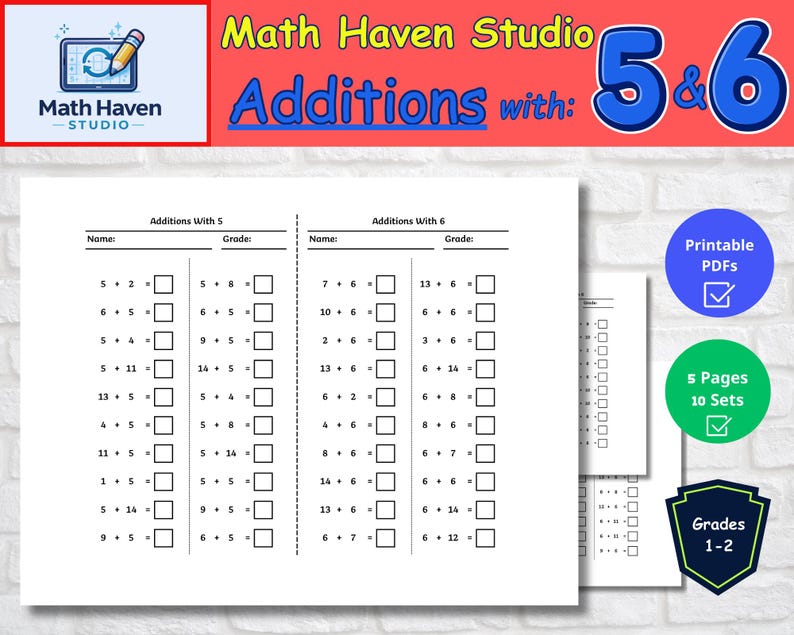 Addition Worksheets | Add 5 and 6 | Grade 1-2 (5 Page PDF) - Etsy