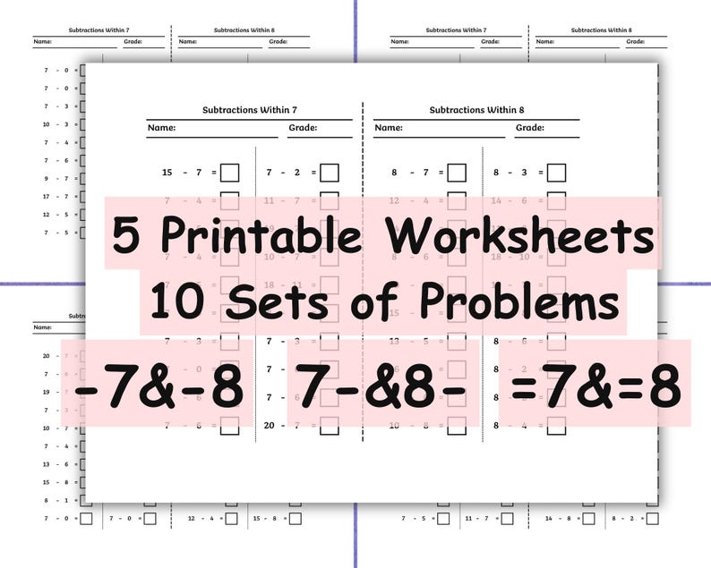 Subtraction Within 7 & 8 Worksheets | Grade 1-2 Printable Math PDF - Etsy