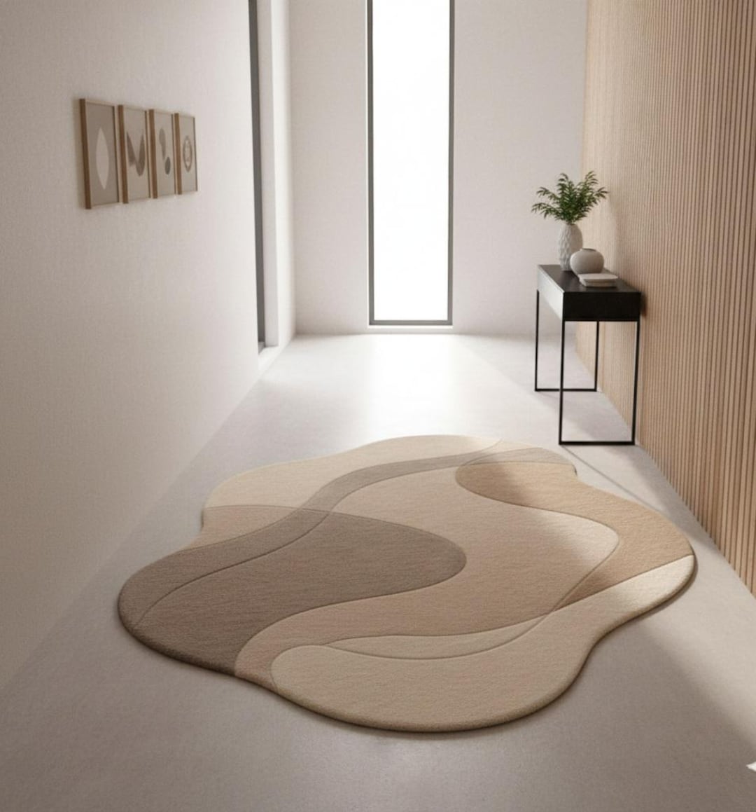 Beige Brown Abstract Rug, Modern Irregular Shape Area Rug, Minimalist ...