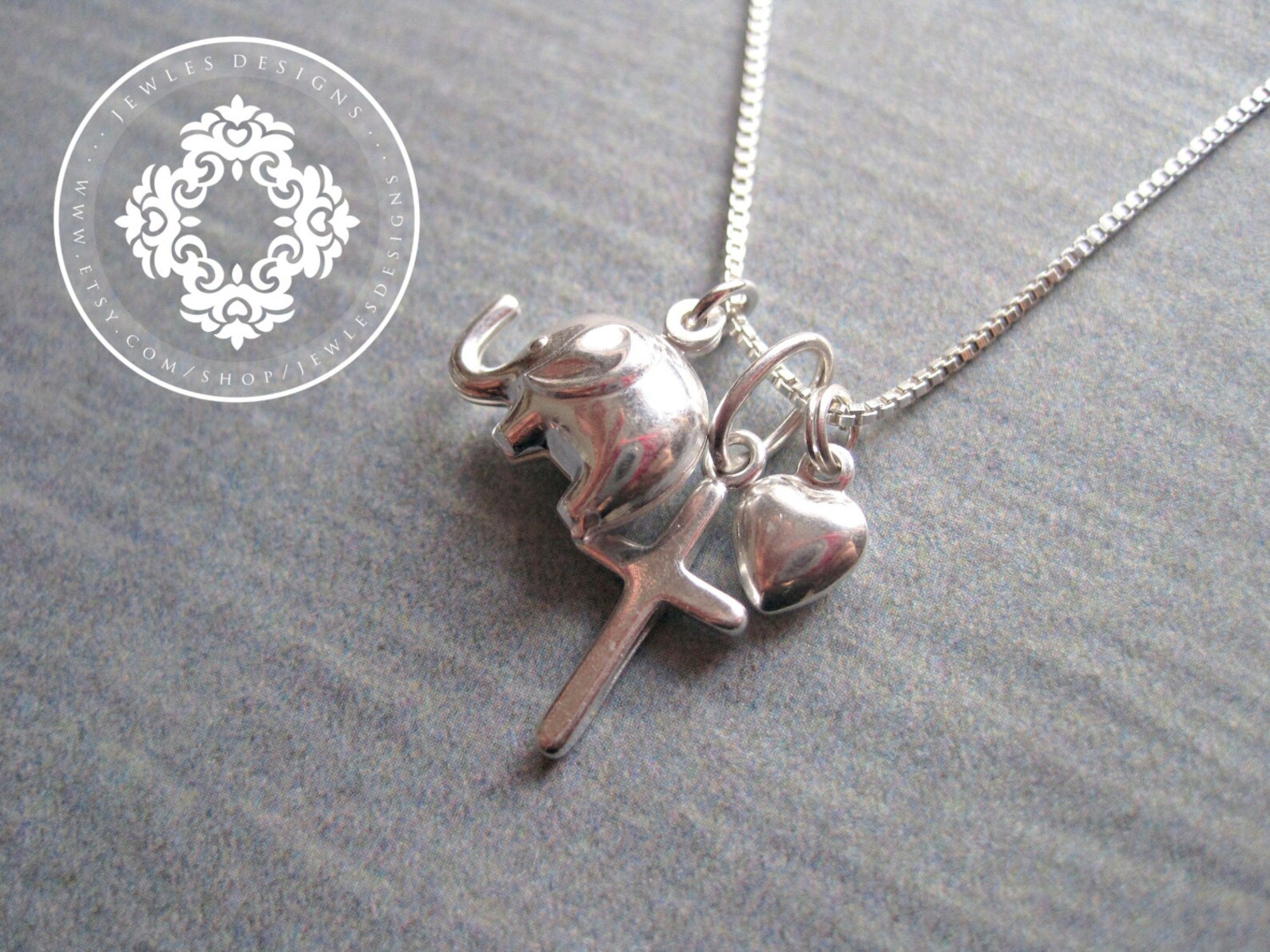 Sterling Silver Cross Elephant & Heart Necklace Childrens - Etsy