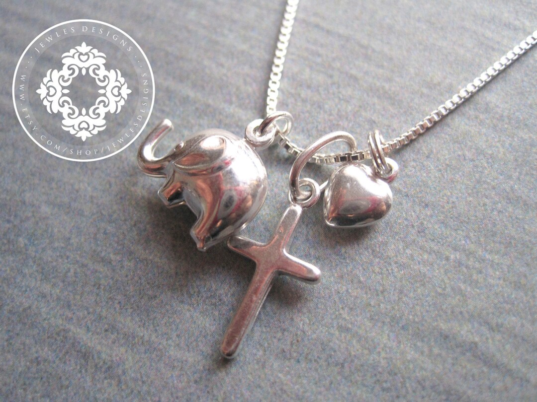 Sterling Silver Cross, Elephant & Heart Necklace, Childrens Necklace ...