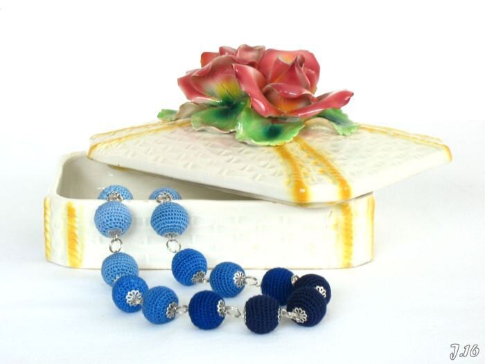 Blue Natural Handmade Necklace, Colored Linen, Blue Ball Crochet Bead ...