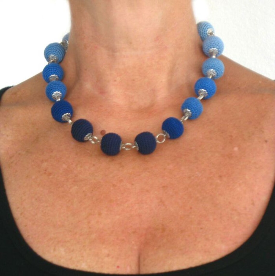 Blue Natural Handmade Necklace, Colored Linen, Blue Ball Crochet Bead ...