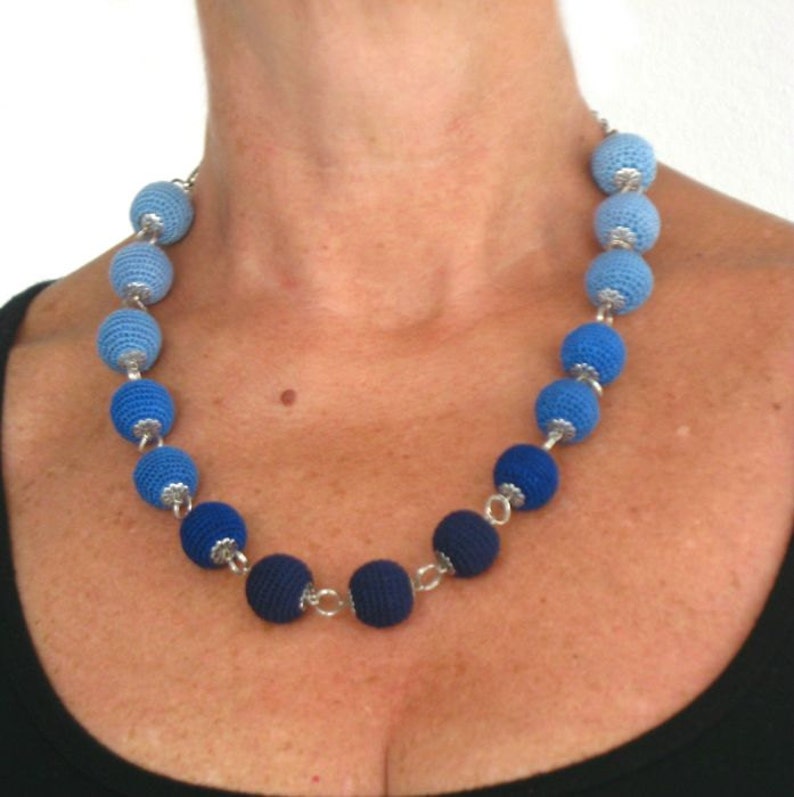 Blue Natural Handmade Necklace, Colored Linen, Blue Ball Crochet Bead ...