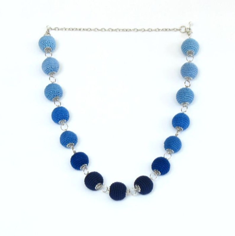 Blue Natural Handmade Necklace, Colored Linen, Blue Ball Crochet Bead ...