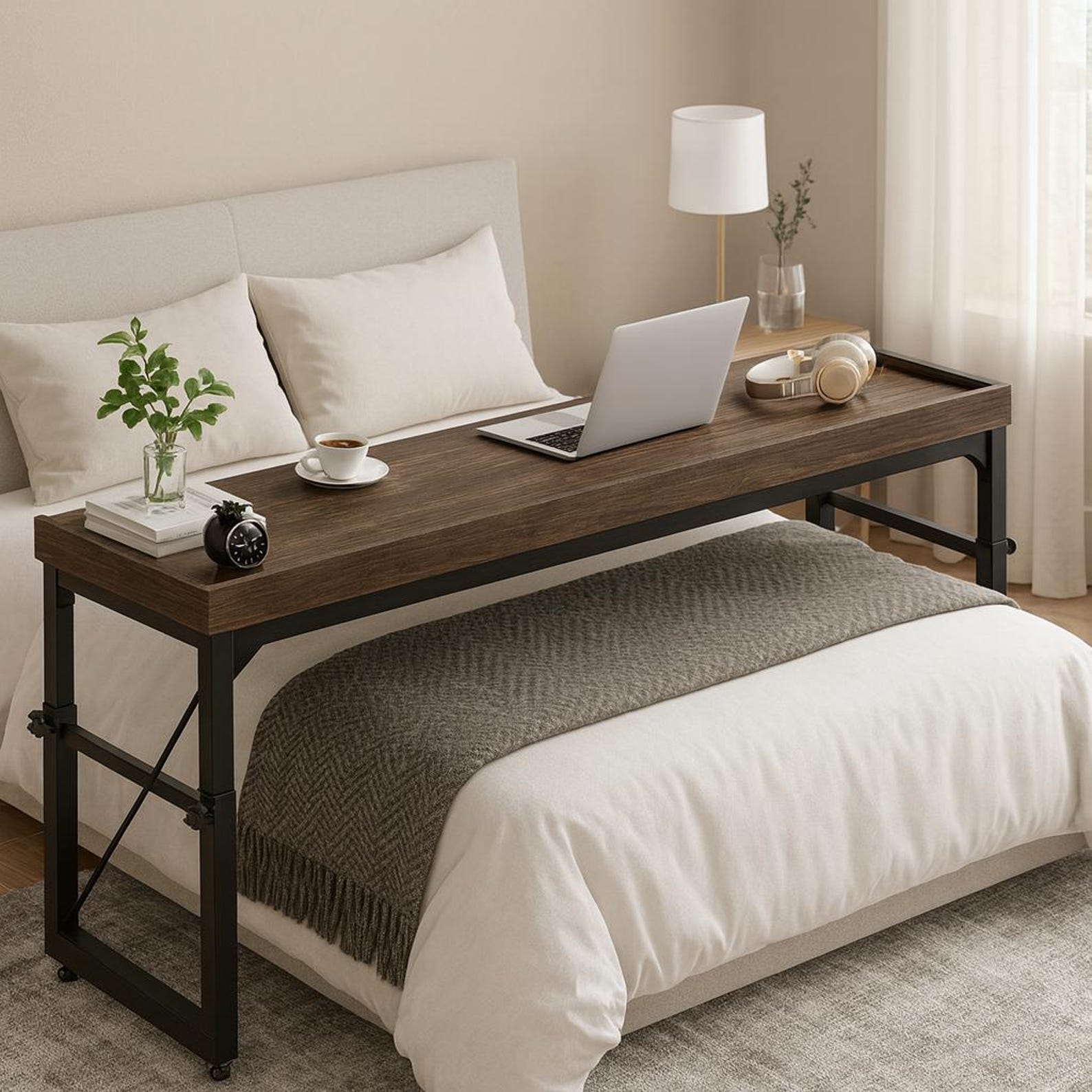 Rolling Over Bed Table With Adjustable Tilt, Mobile Laptop Desk for Bed ...
