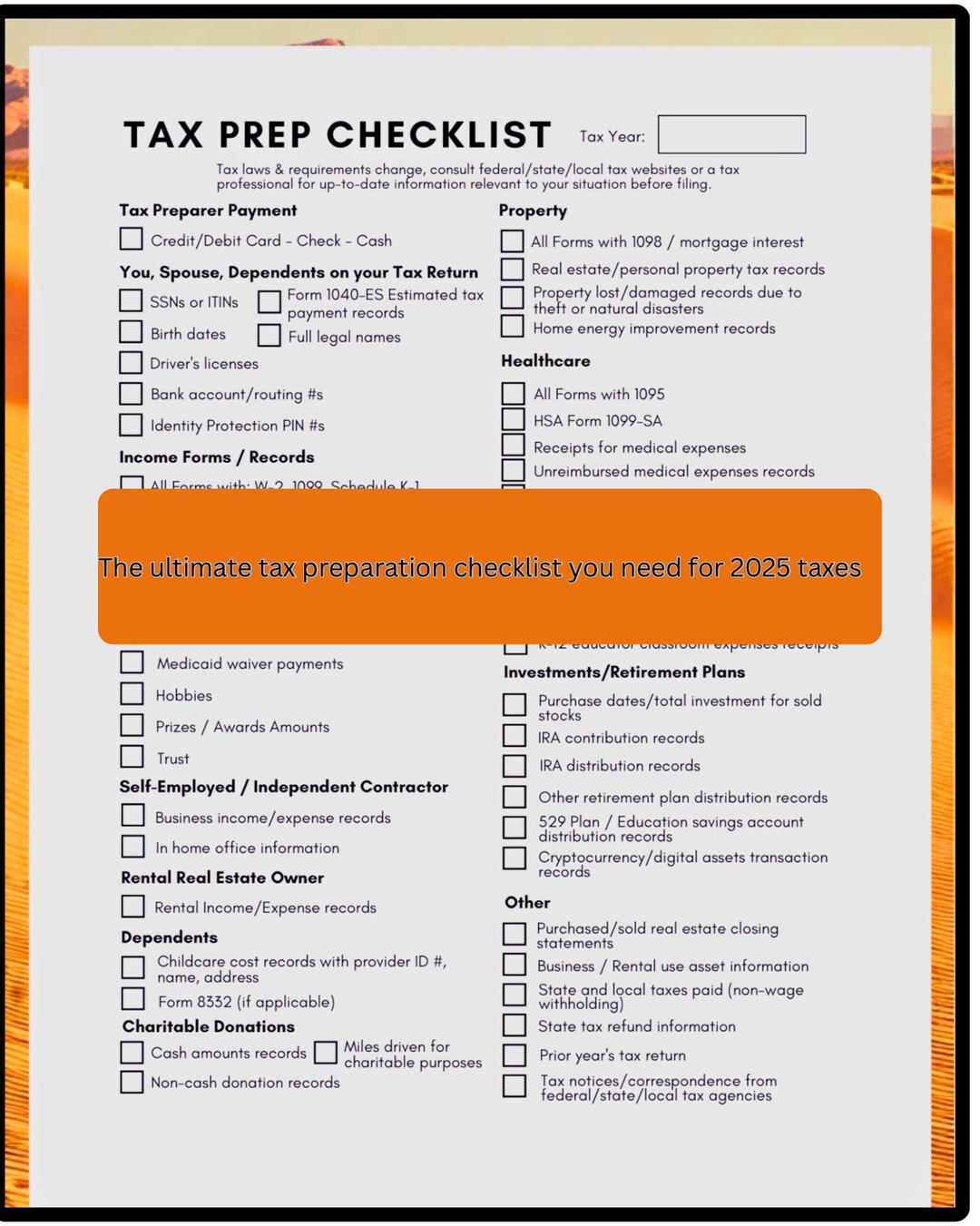 Annual Individual Tax Checklist 1040 & Organizer | Essential Tax Prep ...