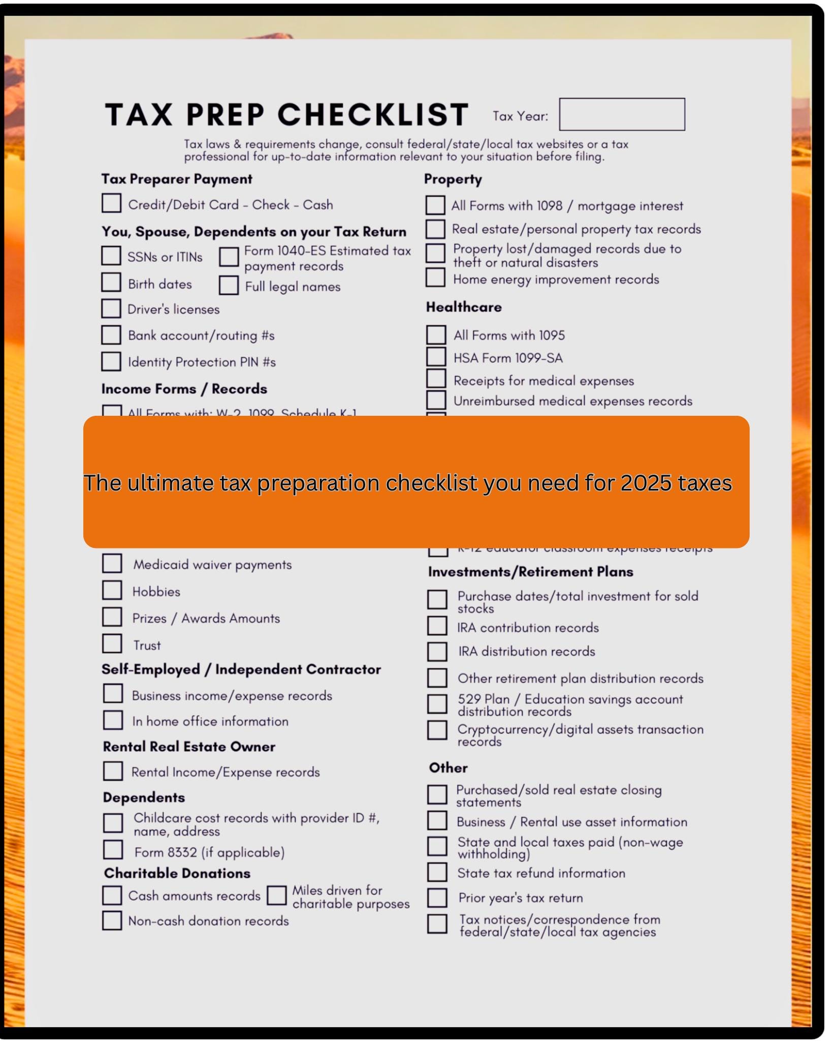 Annual Individual Tax Checklist 1040 & Organizer | Essential Tax Prep ...