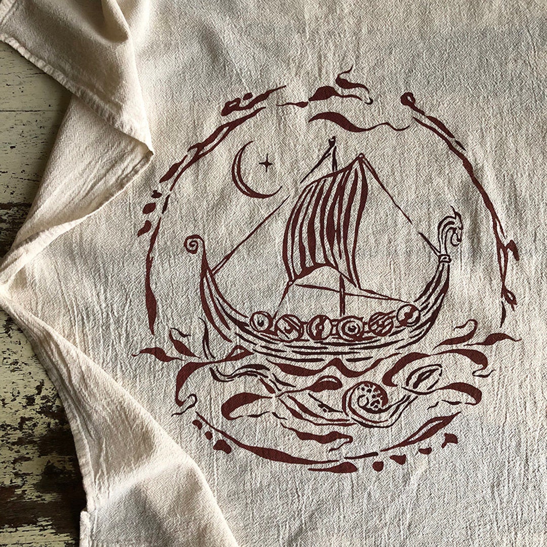 The Longship & the Serpent Cotton Towel. Viking Longship Art. Norse ...