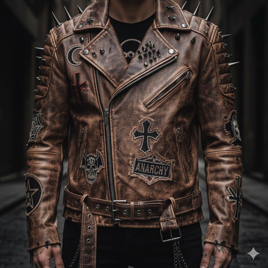 Distressed Brown Leather Punk Biker Jacket | Gothic Studded Spiked ...