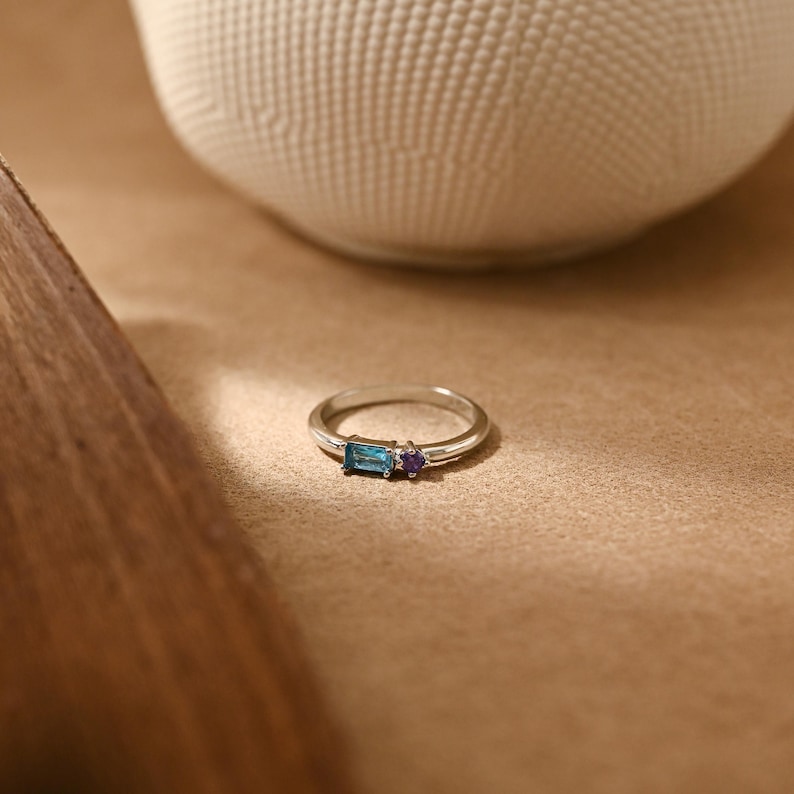 Personalized Baguette Birthstone Ring, Two Stone Ring, Dainty Stacking ...