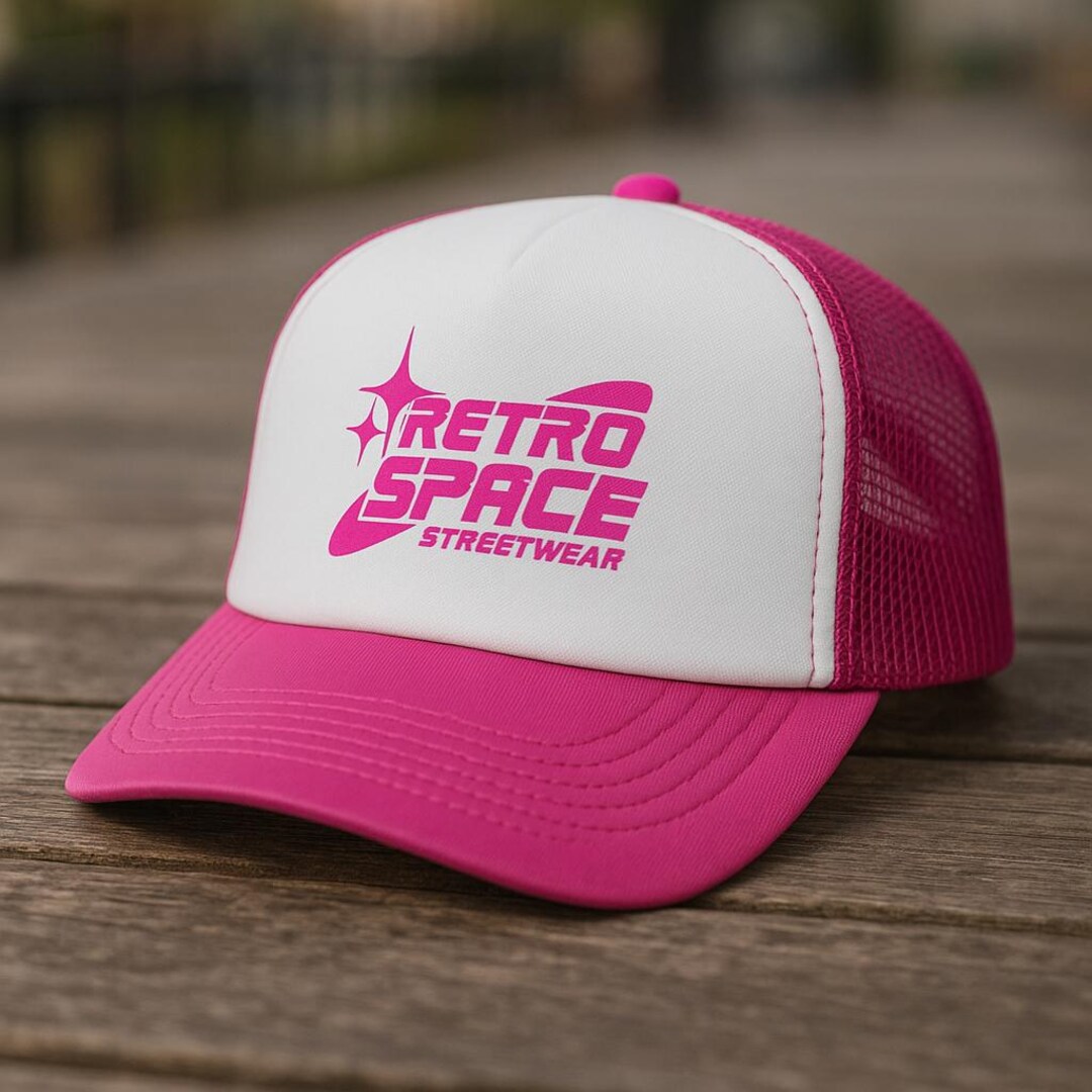 Retro Space Logo Trucker Cap | 80s Neon Spaceship Design - Etsy