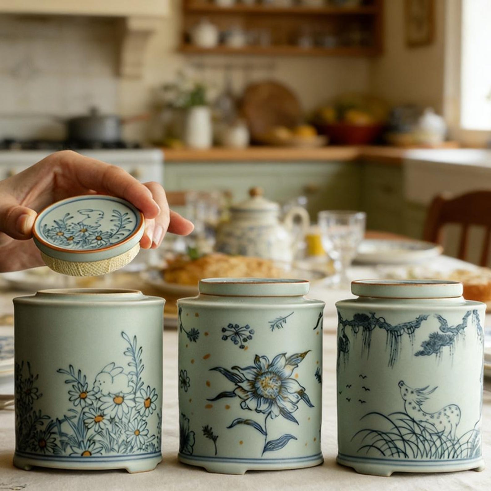 Celadon Ceramic Tea Canisters With Hand-painted Blue & White Patterns ...