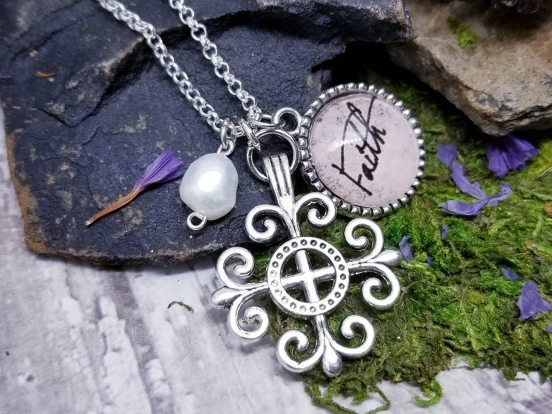 Bronze or Silver Faith Cross Pendant Necklace With Genuine - Etsy