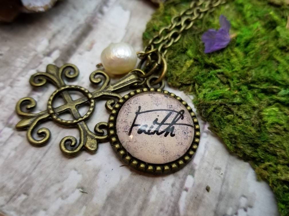 Bronze or Silver faith cross pendant necklace with genuine | Etsy