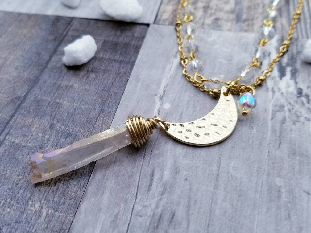 Moon necklace with wire wrapped crystal point moon phase | Etsy