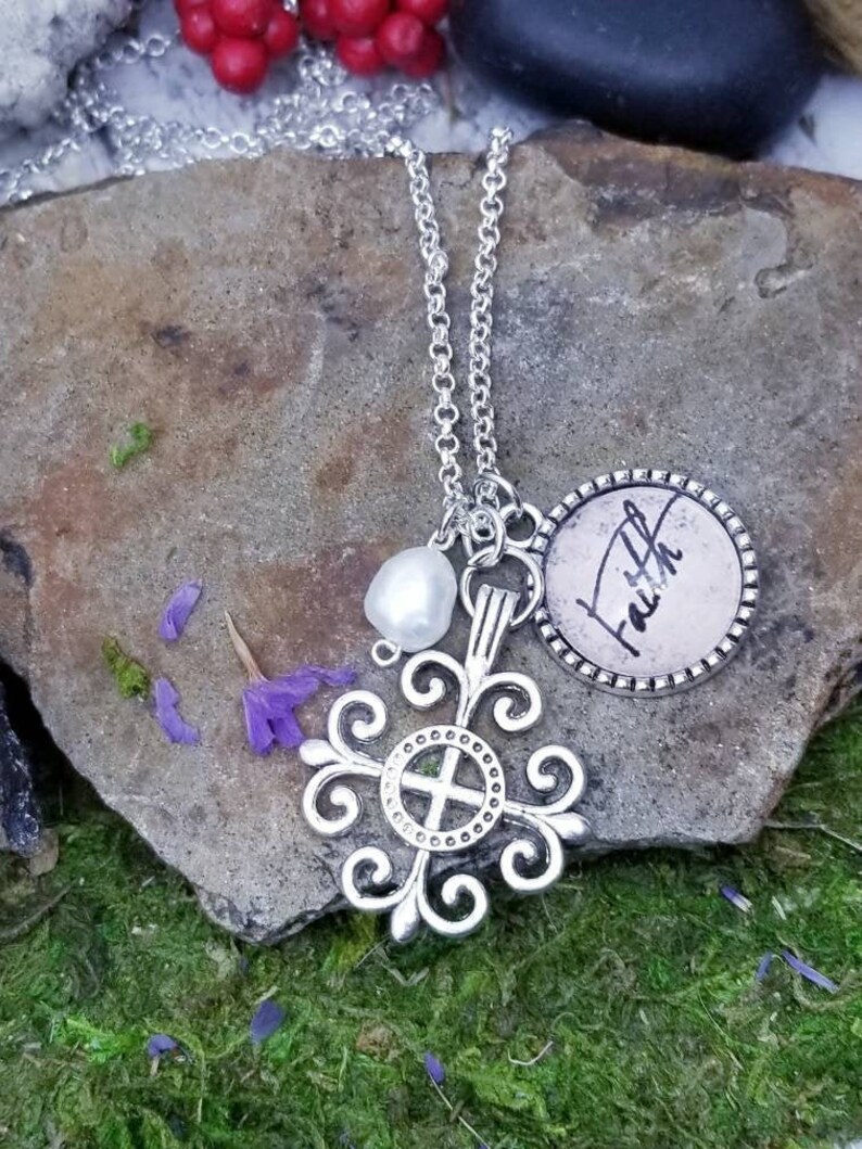 Bronze or Silver Faith Cross Pendant Necklace With Genuine - Etsy