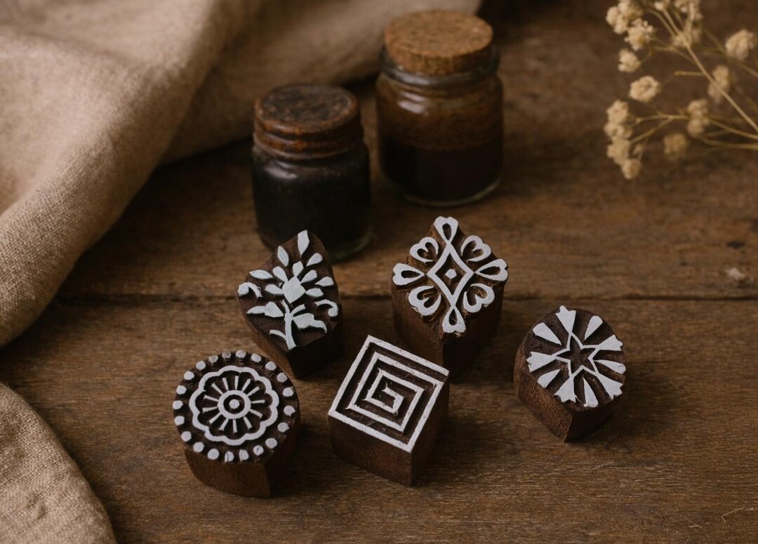Set of 5 Wooden Block Printing Stamps, Indian Printing Blocks, Hand ...