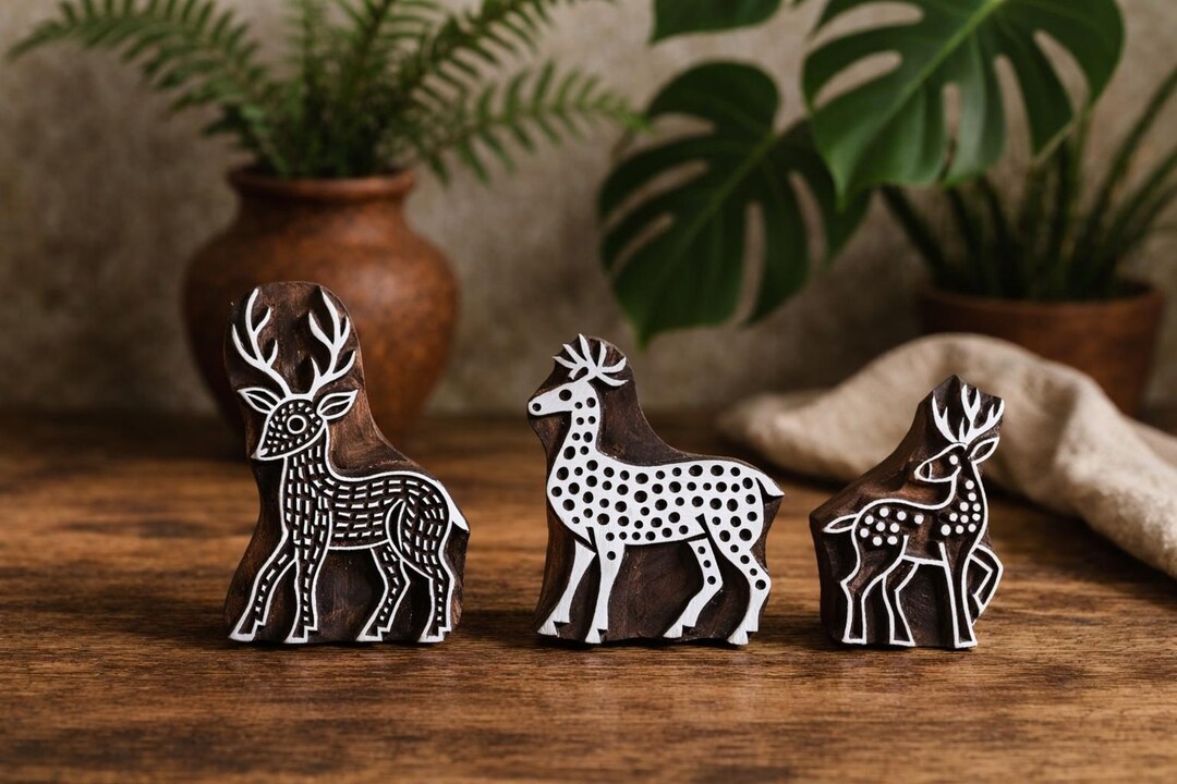 Deer Wooden Block Printing Stamp Set – Hand Carved Forest Animal Craft ...