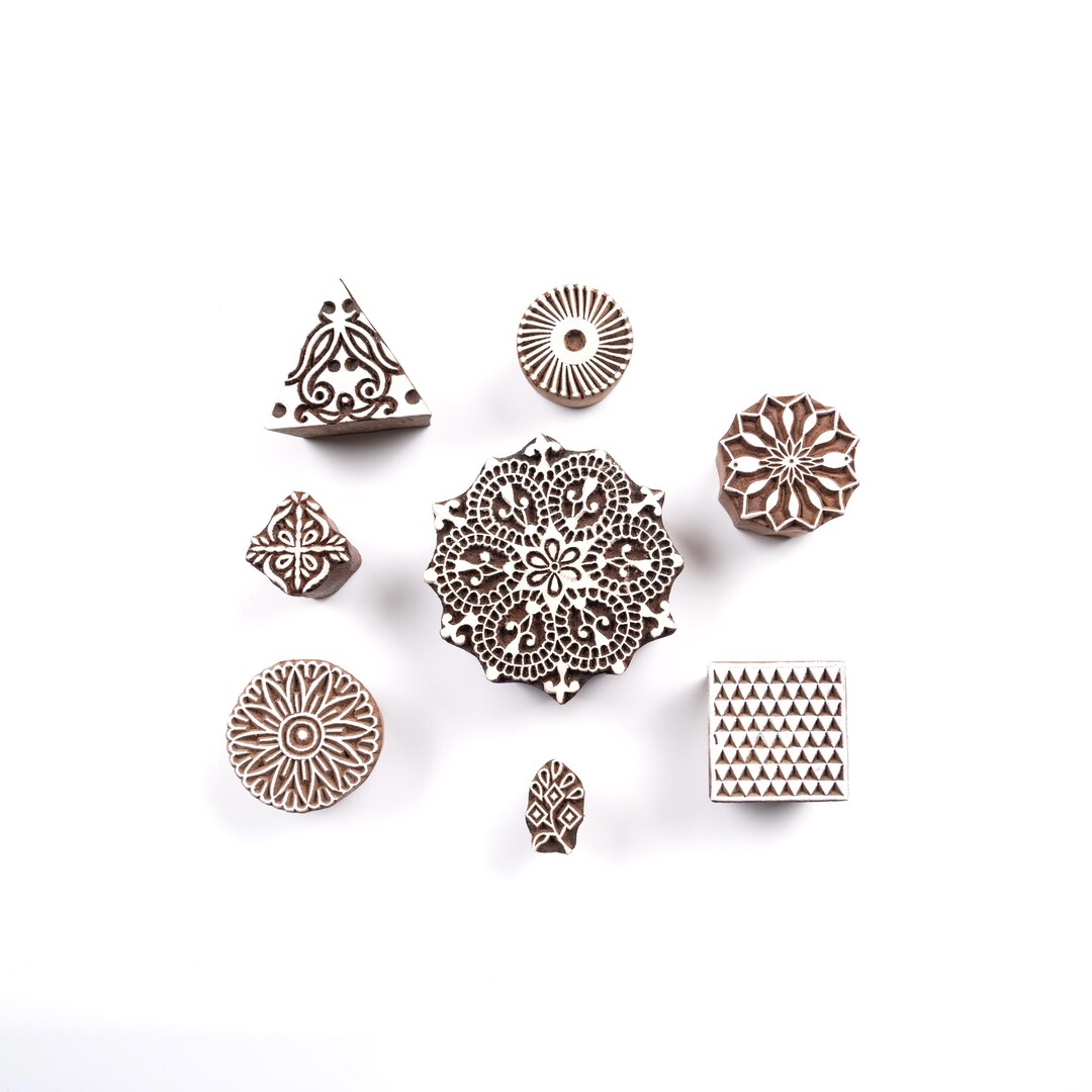 Sacred Geometry Wood Printing Blocks – Set of 8 Hand Carved Indian ...