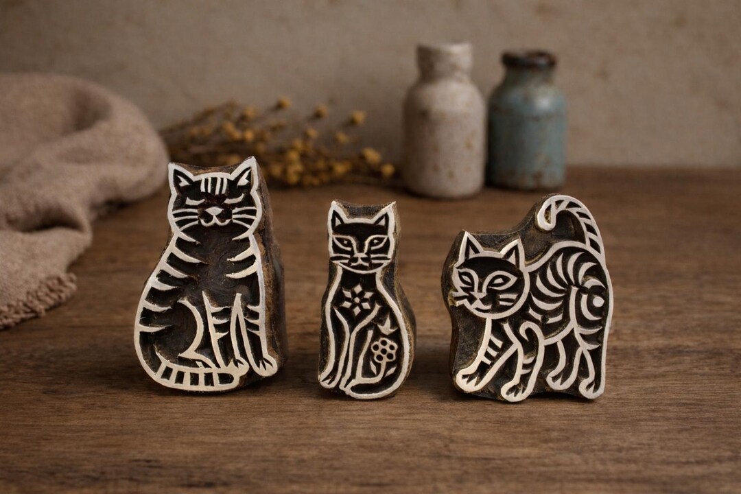 Wooden Cat Block Printing Stamps | Hand Carved Cat Stamp Set of 3 for ...