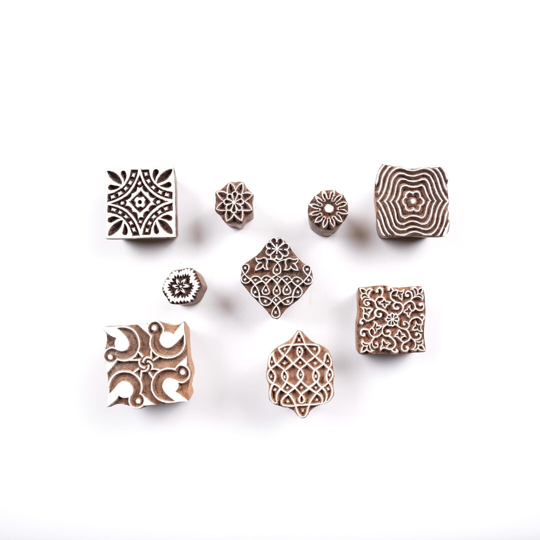 Set of 9 Traditional Indian Wood Printing Blocks – Hand Carved Textile ...