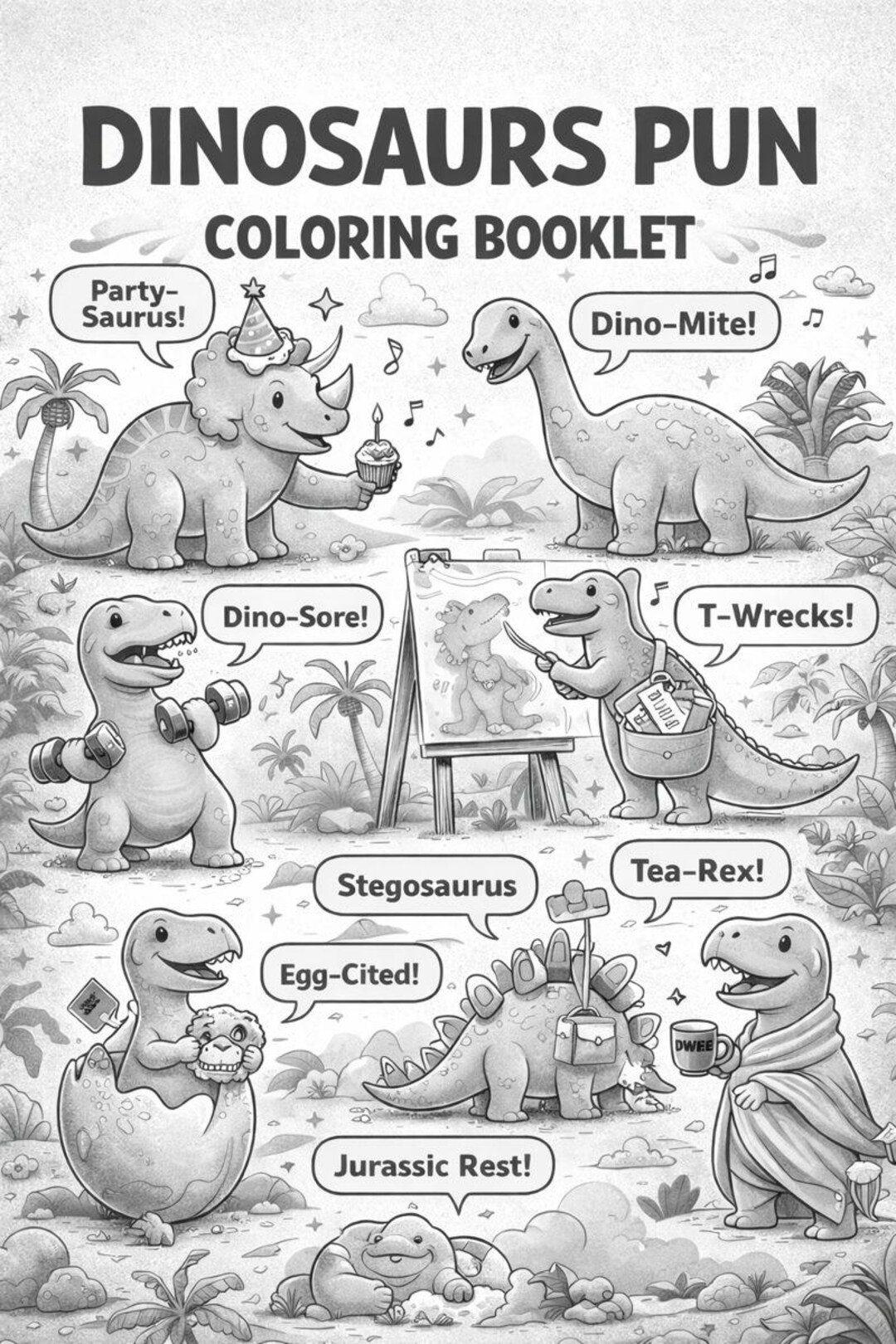 Dinosaurs Fun Coloring Booklet in Grayscale Illustrative Style - Etsy