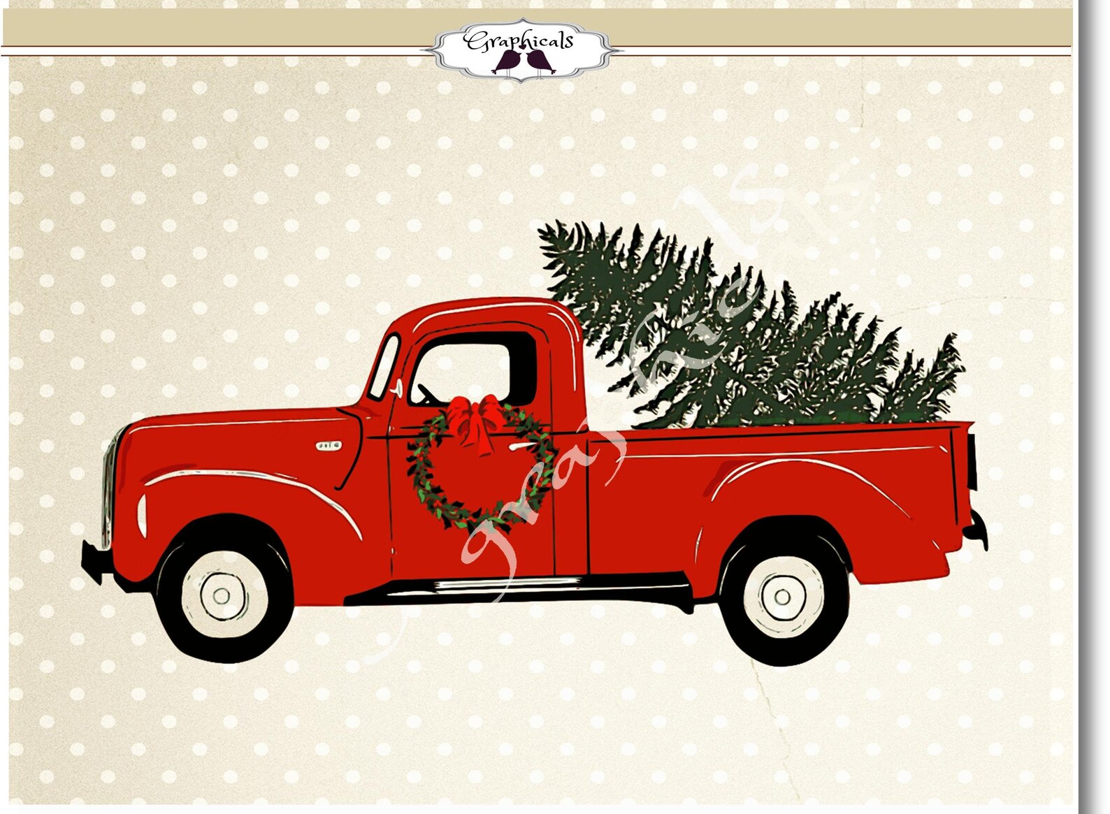 Christmas Red Truck Tree Wreath Printable Art Digital Download for ...