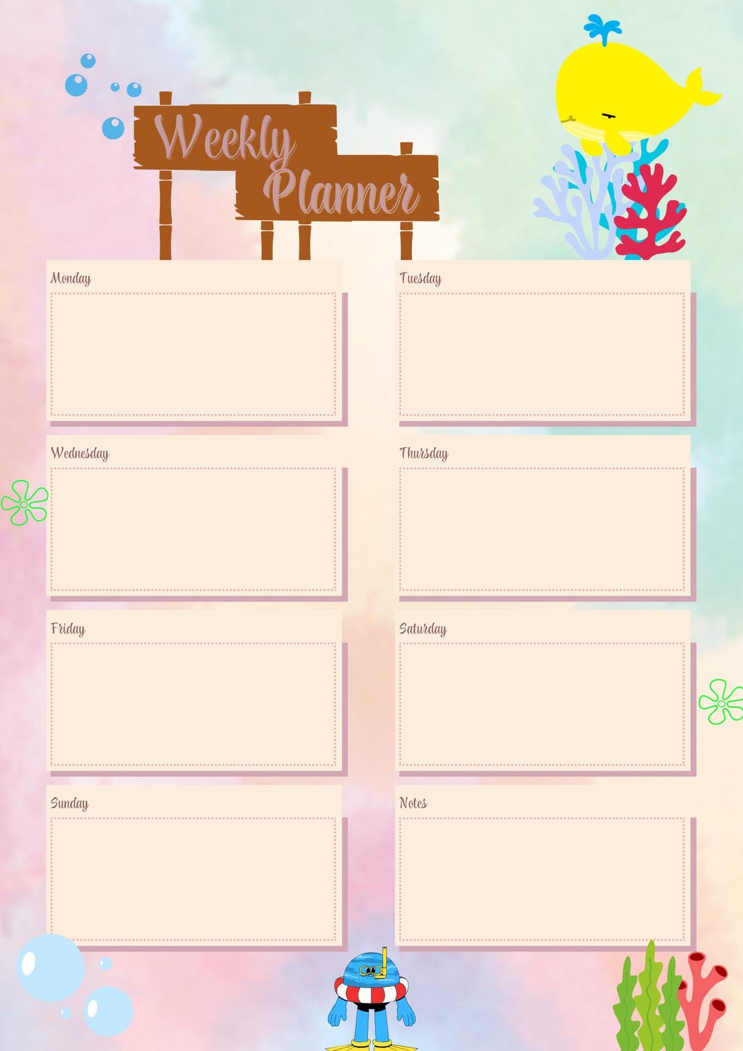 Cute Underwater Weekly Planner Printable PDF | Watercolor Pastel Ocean ...