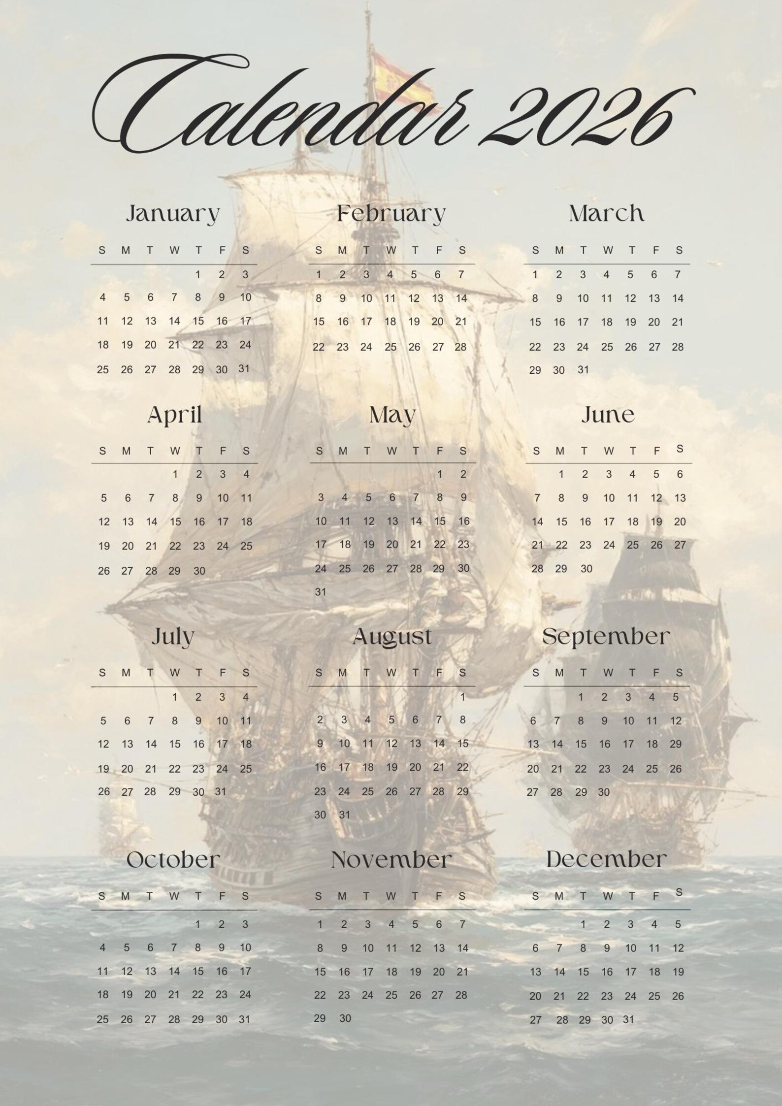 2026 Nautical Ship Calendar Printable (PDF) - Etsy