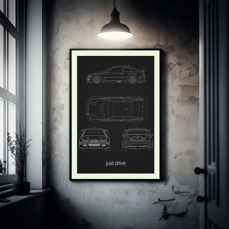 BMW E46 M3 GTR Blueprint Wall Art | Minimalist Car Schematics Poster ...
