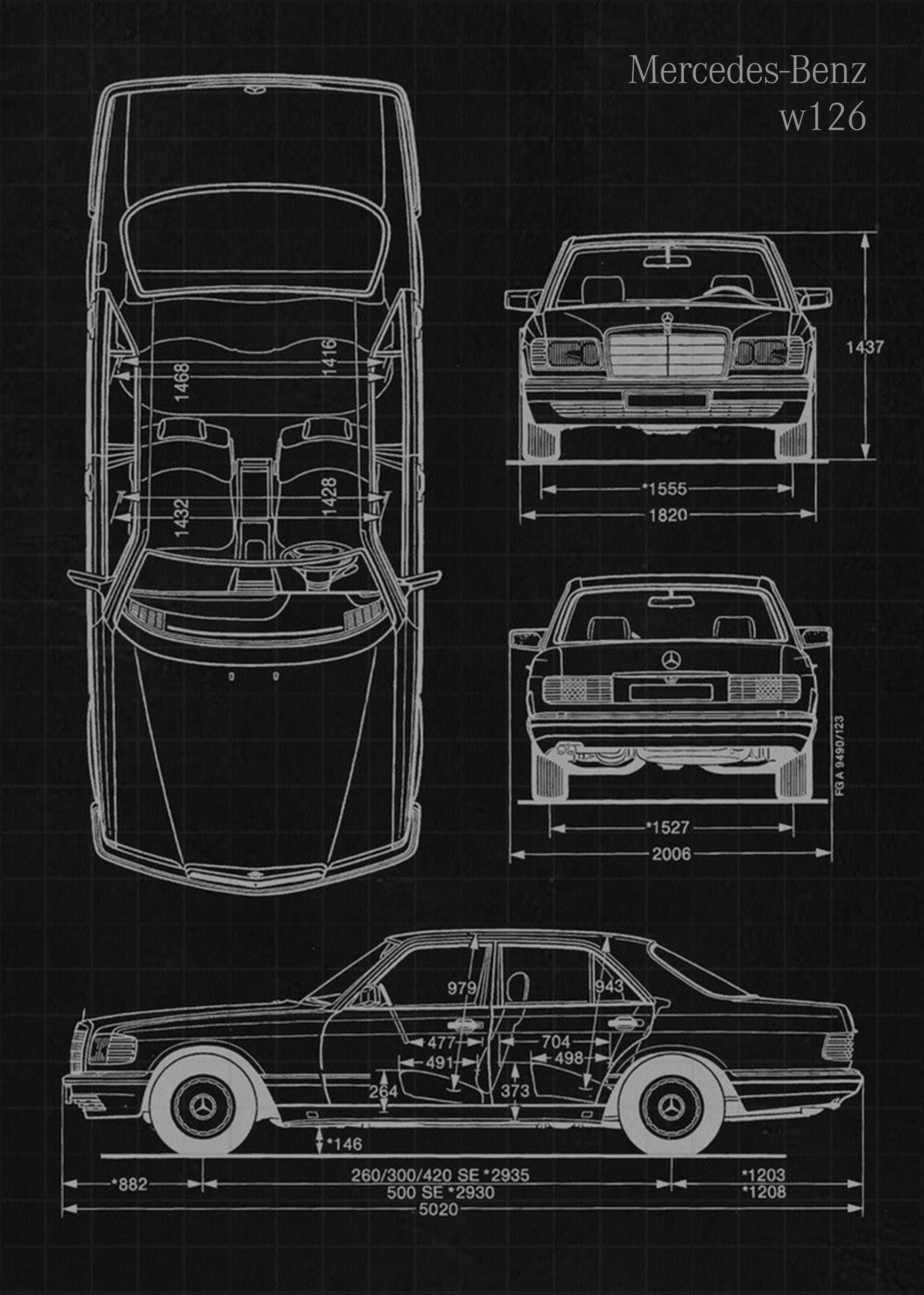 Classic W126 Blueprint Wall Art | Vintage S-class Technical Drawing ...