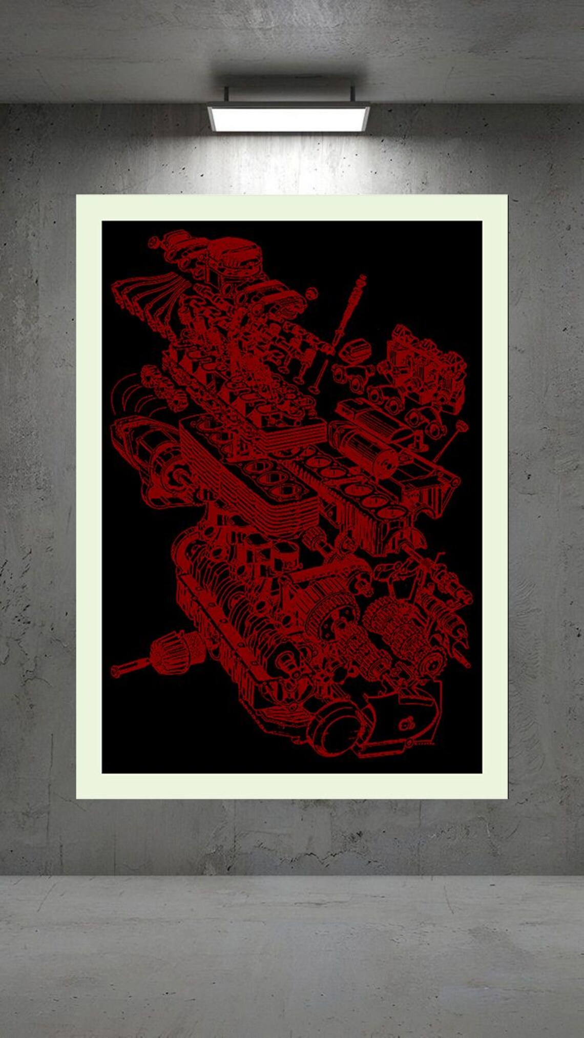 Red Exploded Engine Blueprint Wall Art | Mechanic Gift Poster ...