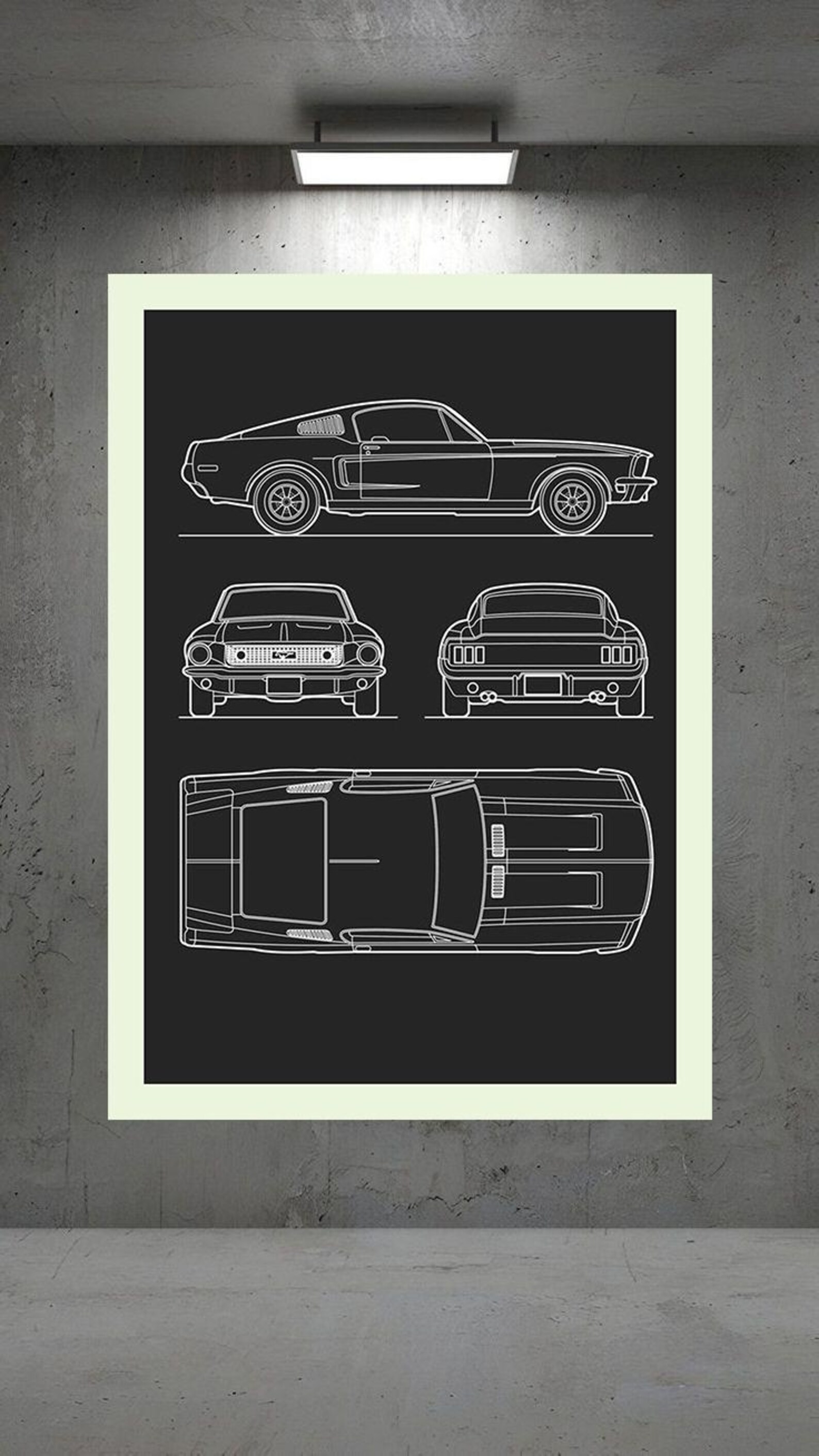 Classic Ford Mustang Blueprint Wall Art | Vintage Muscle Car Technical ...