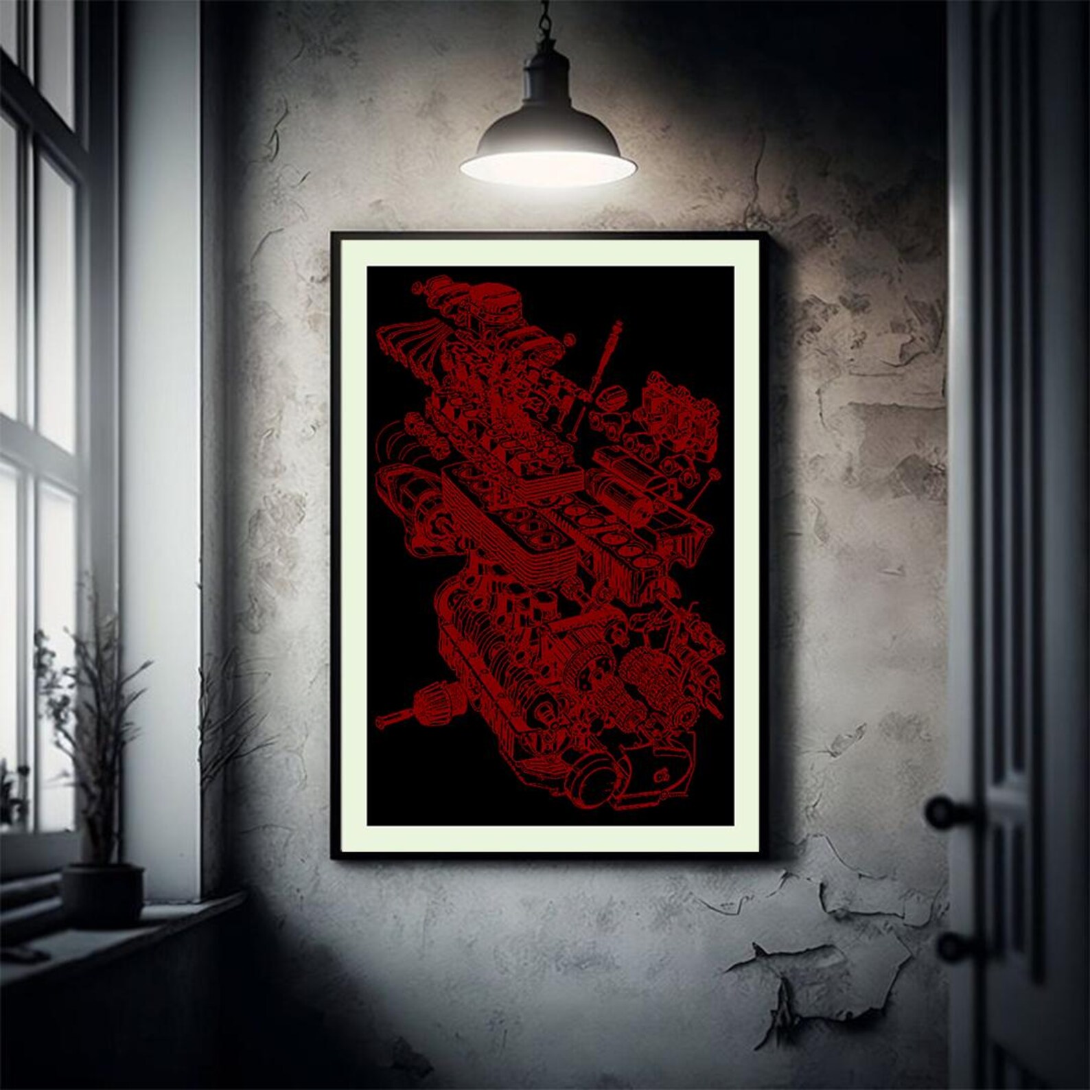 Red Exploded Engine Blueprint Wall Art | Mechanic Gift Poster ...