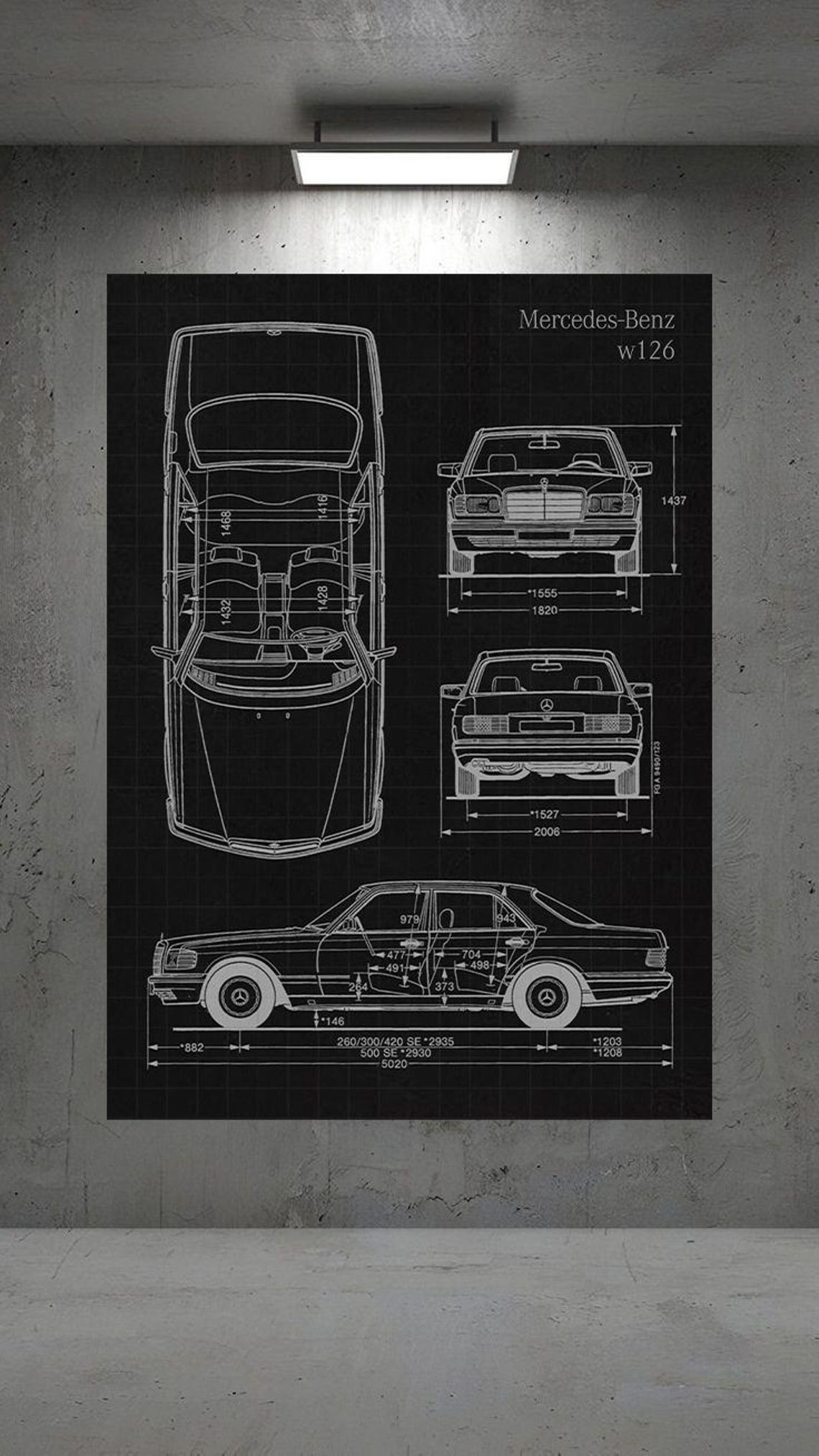 Classic W126 Blueprint Wall Art | Vintage S-class Technical Drawing ...