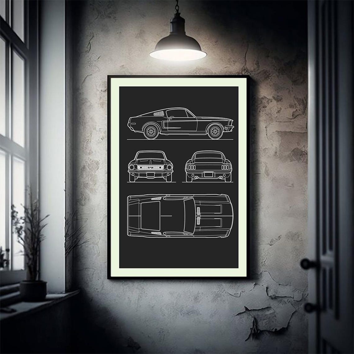 Classic Ford Mustang Blueprint Wall Art | Vintage Muscle Car Technical ...