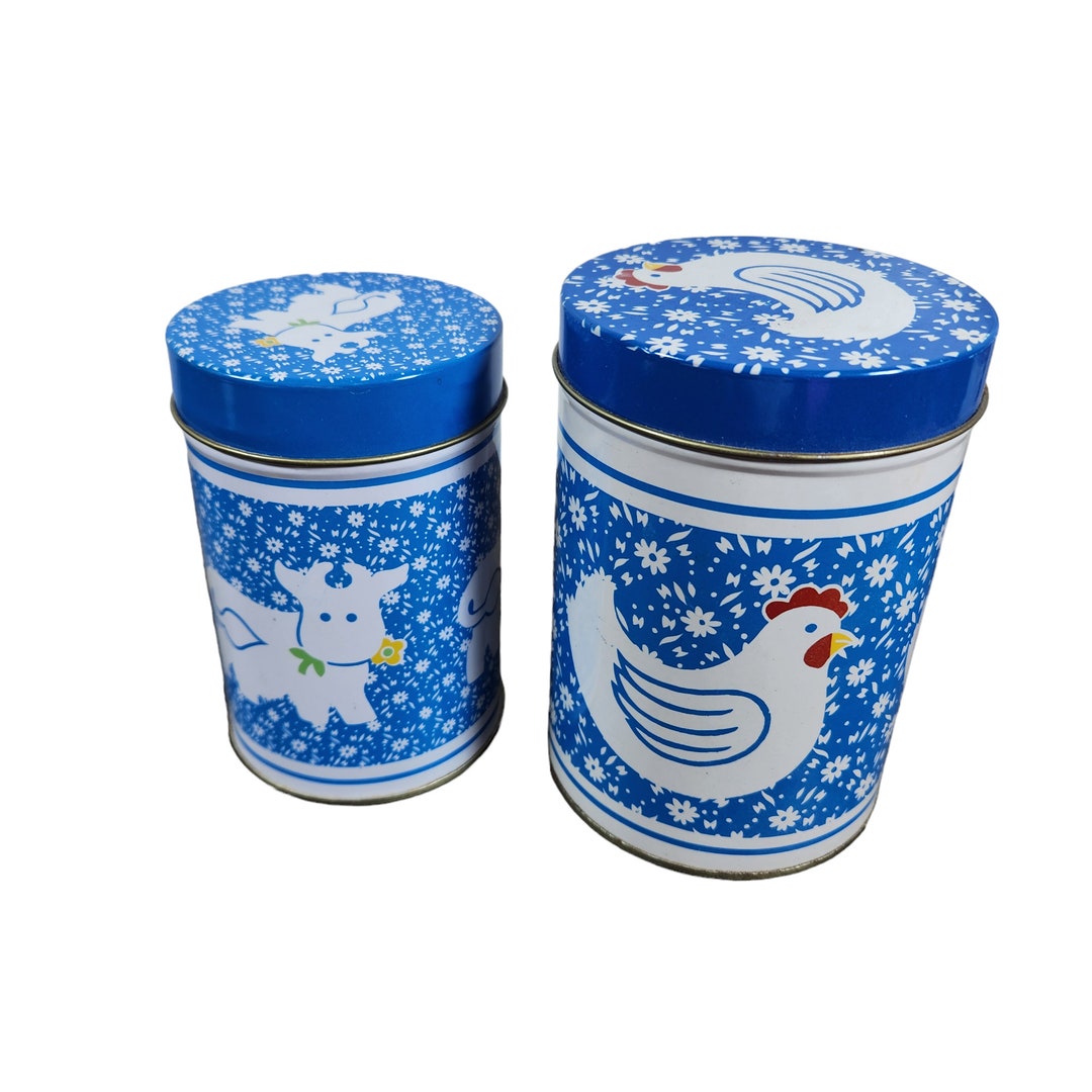 Tin Canister Set Farm Animals Blue Cow & Chicken Country Farmhouse Cans ...