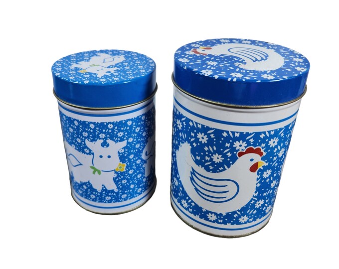 Tin Canister Set Farm Animals Blue Cow & Chicken Country Farmhouse Cans ...