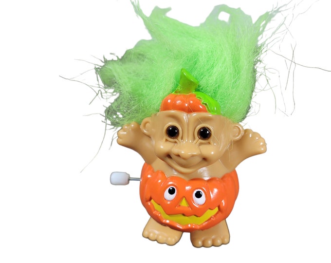 Russ Troll Wind up Hopping Toy Carved Jackolantern Green Hair Halloween ...