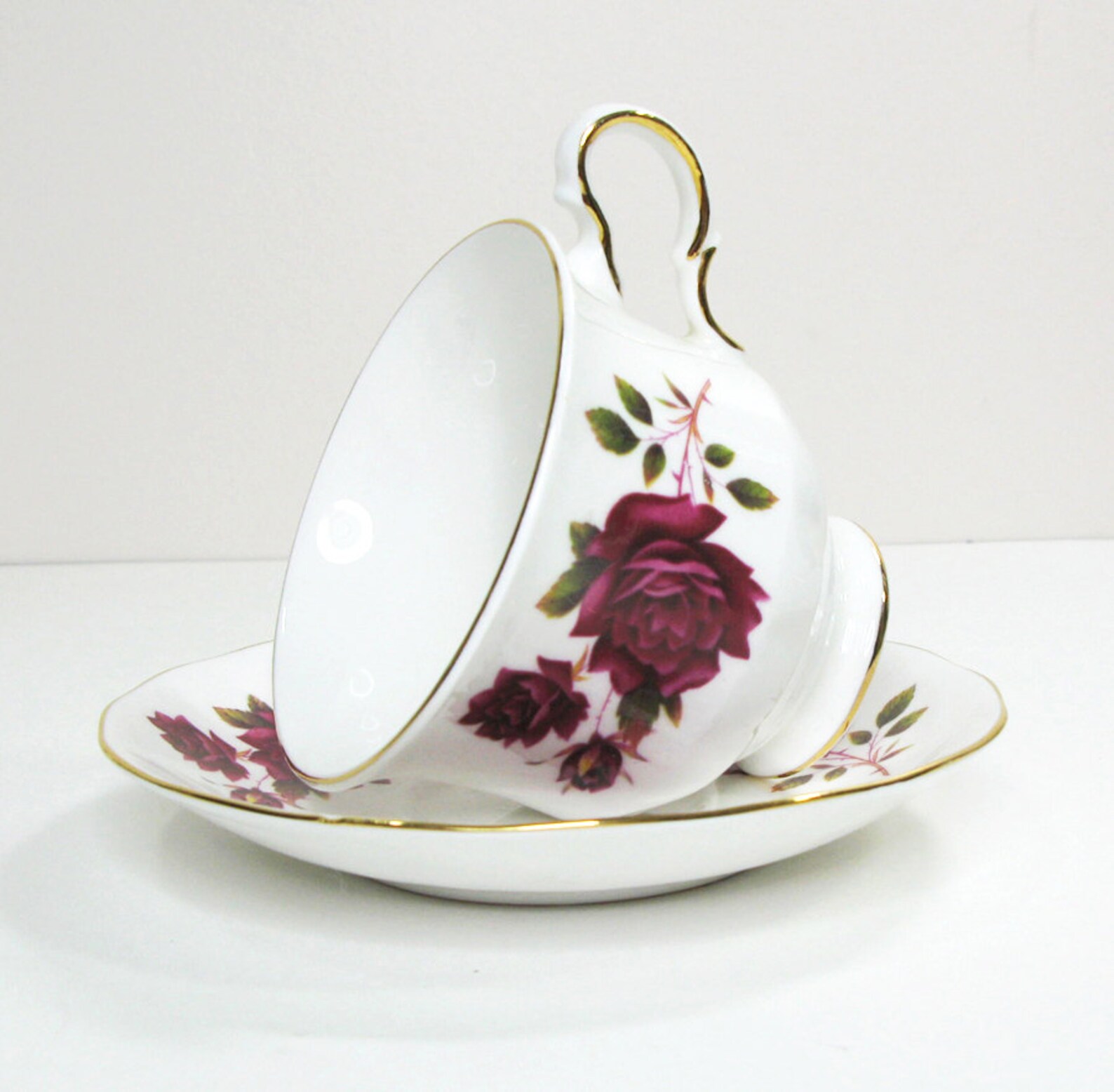 English Queen Anne tea cup saucer set velvet red rose | Etsy