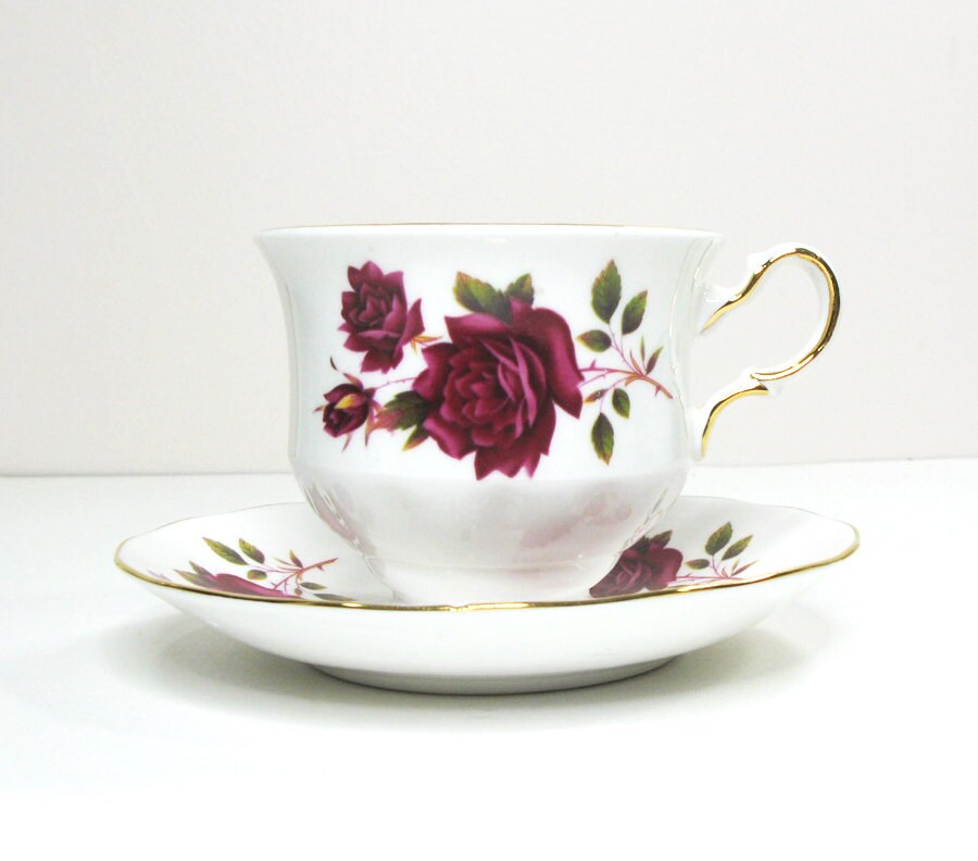 English Queen Anne tea cup saucer set velvet red rose | Etsy