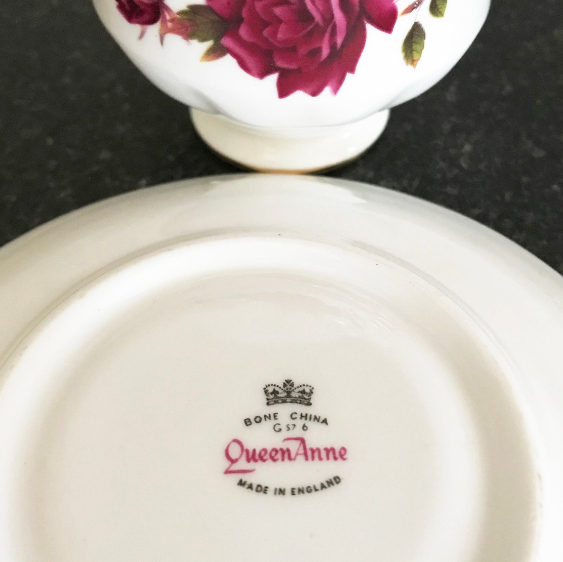 English Queen Anne tea cup saucer set velvet red rose | Etsy