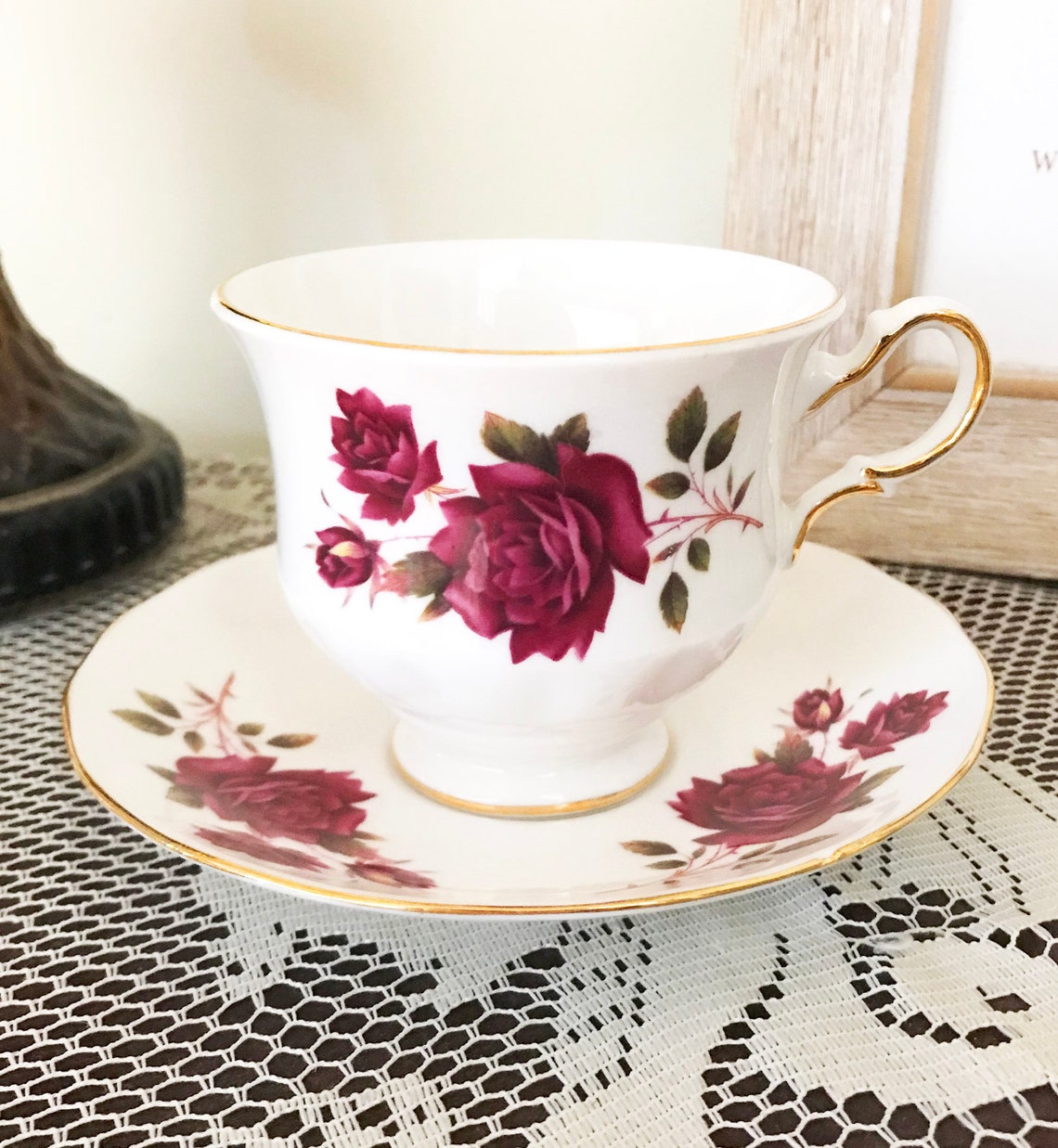 English Queen Anne tea cup saucer set velvet red rose | Etsy