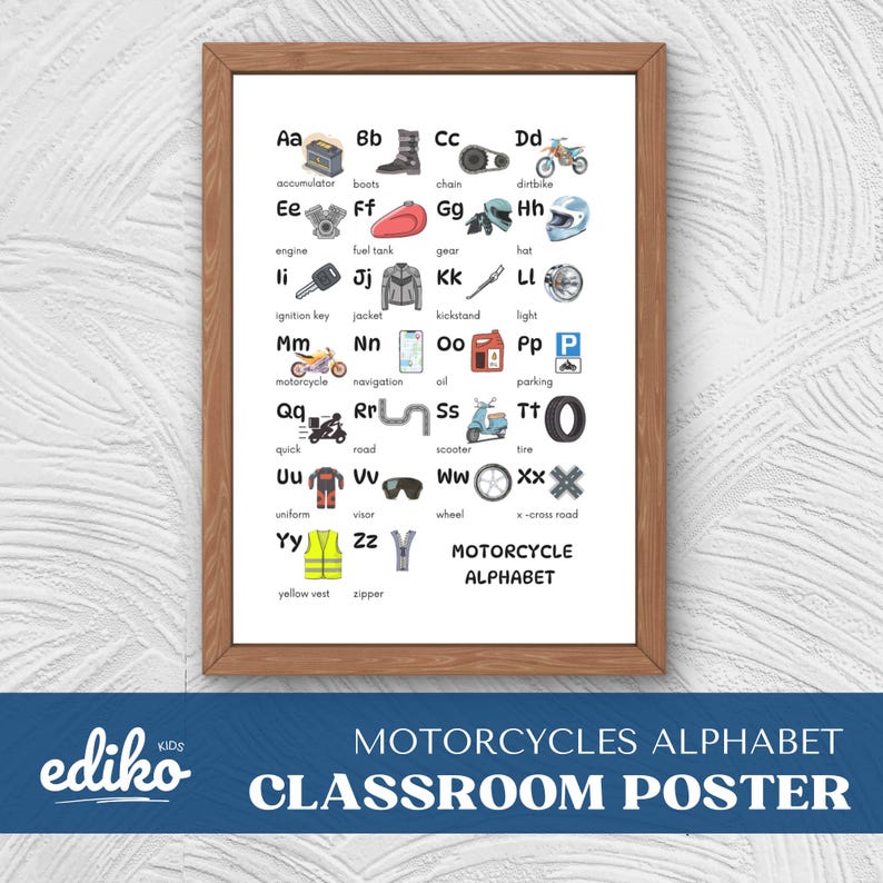 Motorcycle Alphabet Classroom Poster | Transportation ABC Chart for ...