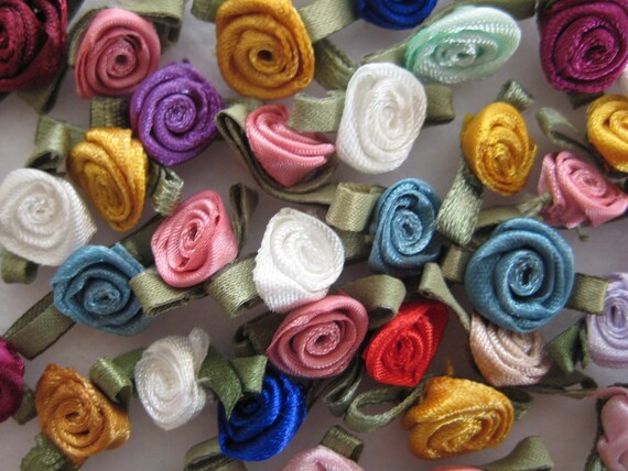 Satin Ribbon Rose Flower with leaves Appliqués Assorted Colors | Etsy